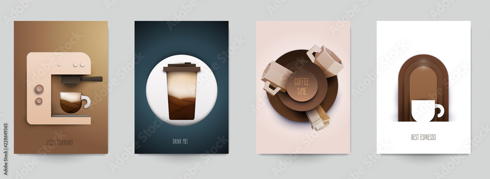 Set of coffee composition in minimalistic paper cut style. Design ...
