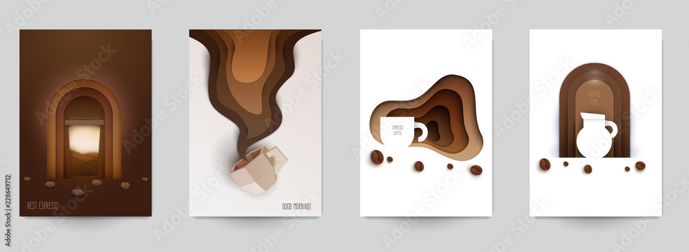 Set of coffee composition in minimalistic paper cut style. Design ...