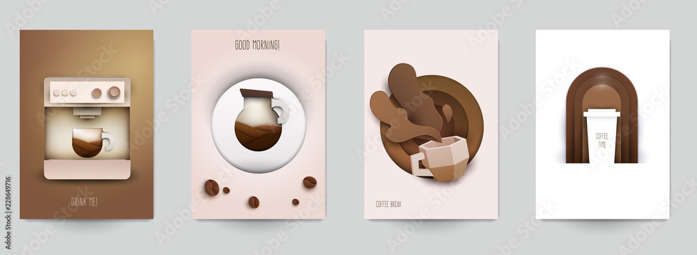 Set of coffee composition in minimalistic paper cut style. Design ...