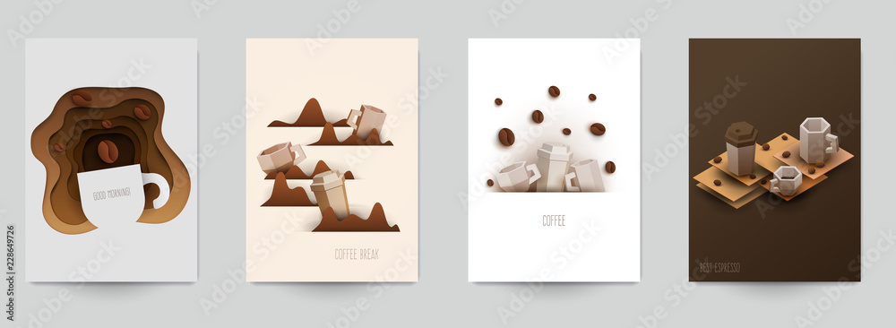 Set of coffee composition in minimalistic paper cut style. Design ...