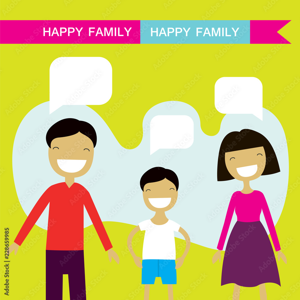 Happy family members parents and their son. Lovely cartoon characters ...