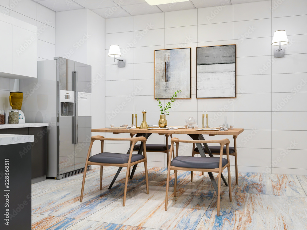 Modern kitchen and dining room design renderings, solid wood dining ...
