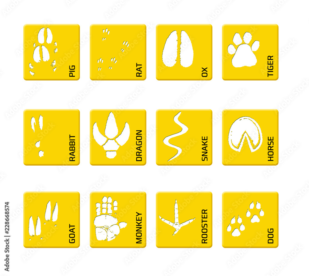 Chinese zodiac signs icons set on on a yellow square background. Paw ...
