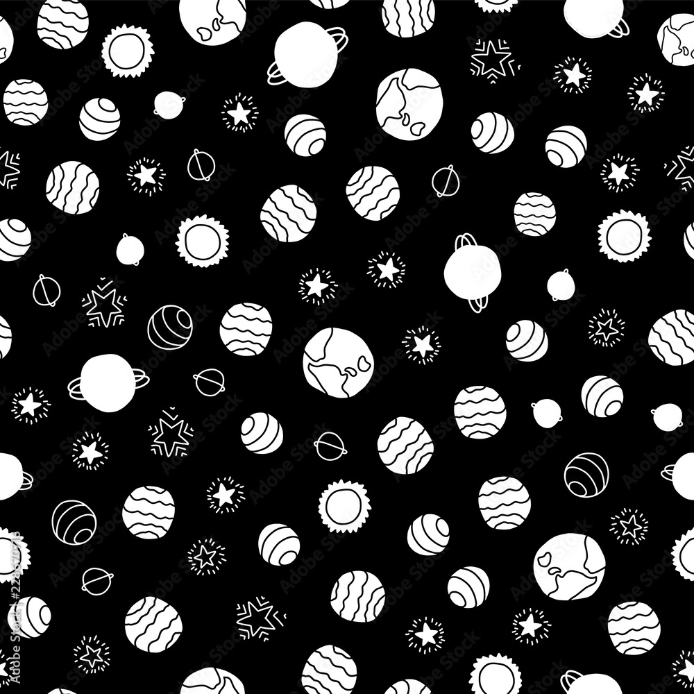 Space planets seamless vector pattern background. White hand drawn ...