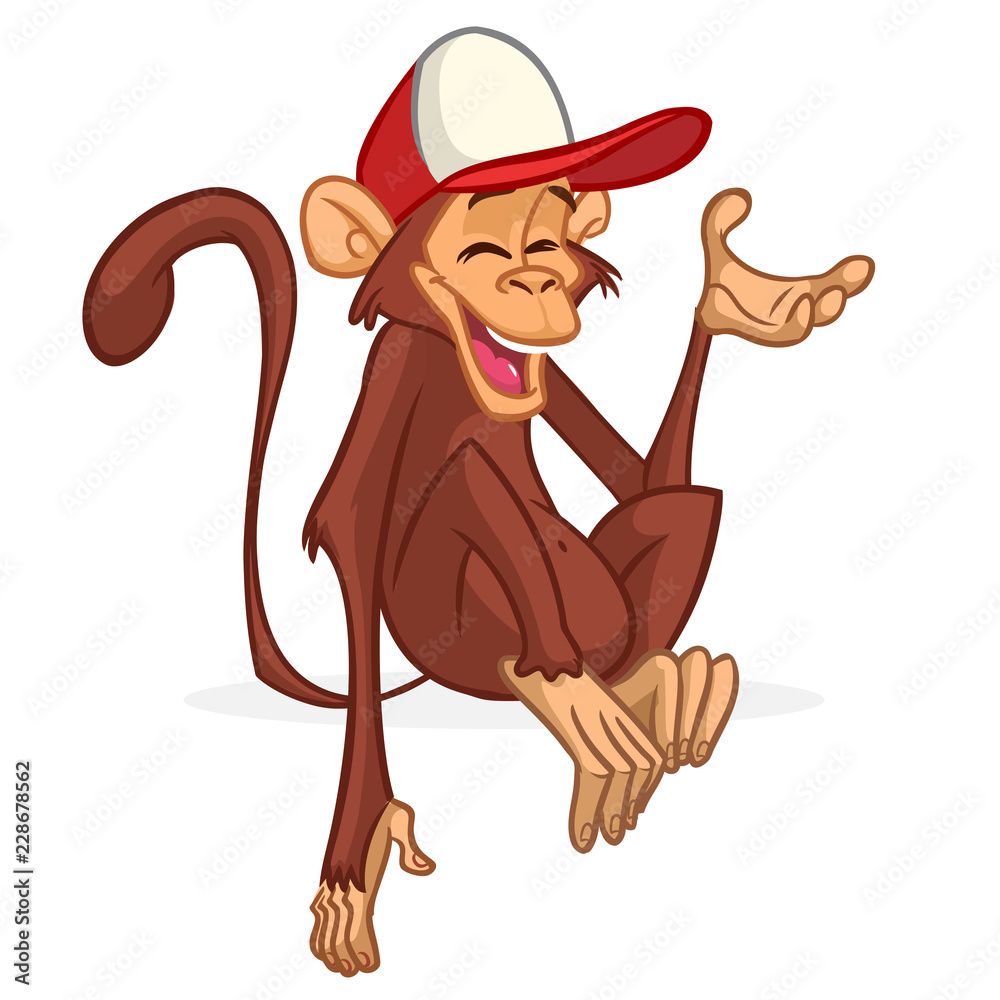 Cartoon funny monkey wearing hat cap and smiling. Vector illustration ...