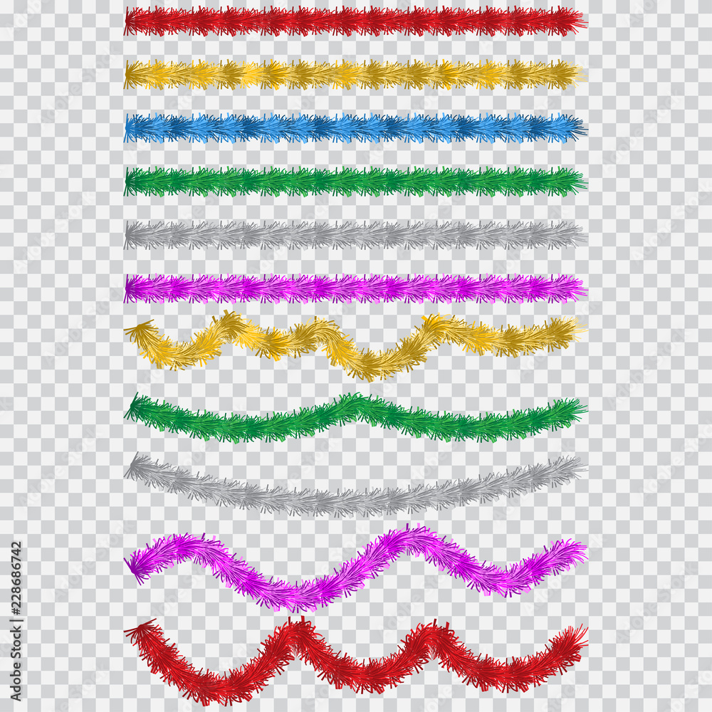 Christmas tinsel set. Vector cartoon simple garland in different ...