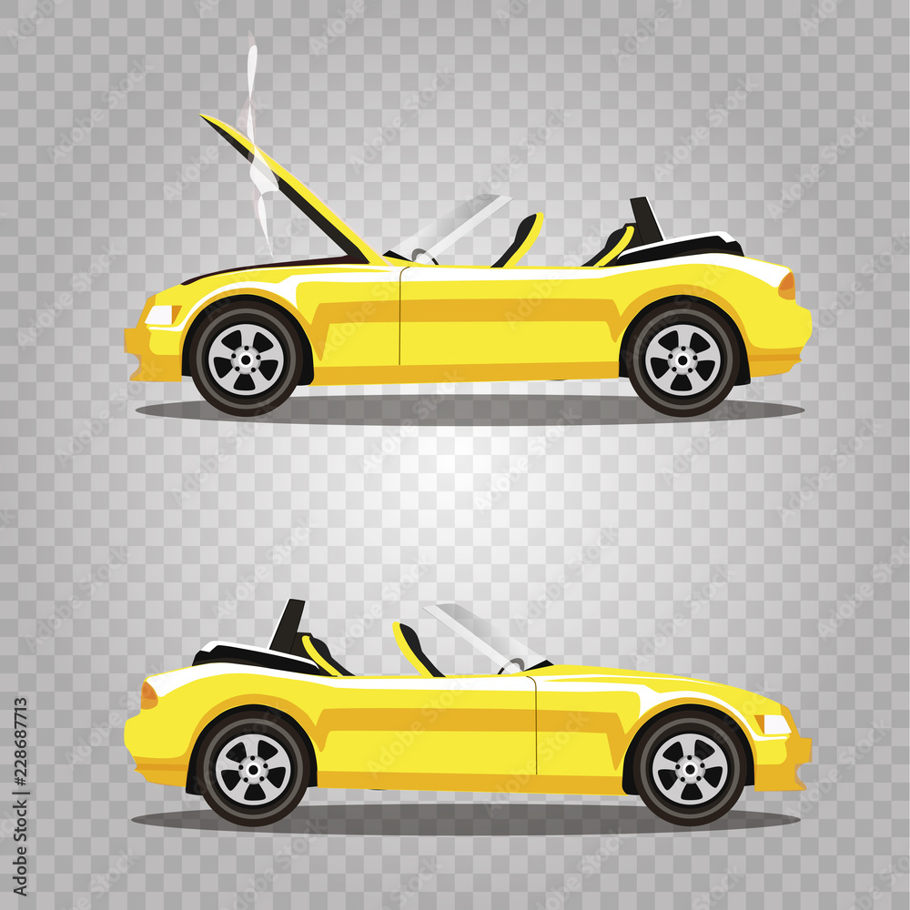 Vector set of broken cartoon yellow cabriolet sport car before and ...