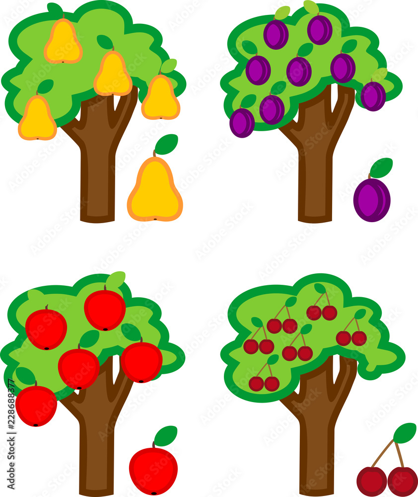 Set of different cartoon fruit trees isolated on white background Stock ...
