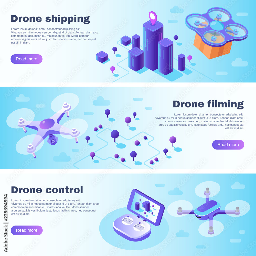 Isometric drone banner. Flight drones delivery, uav plane tablet Stock ...