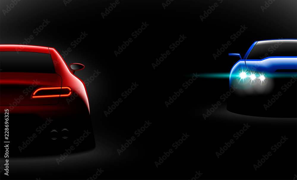 realistic red blue two sport car view with unlocked headlights in the ...