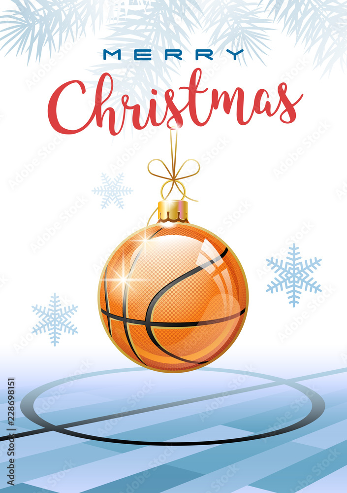 Merry Christmas. Sports greeting card. Realistic basketball ball in the ...