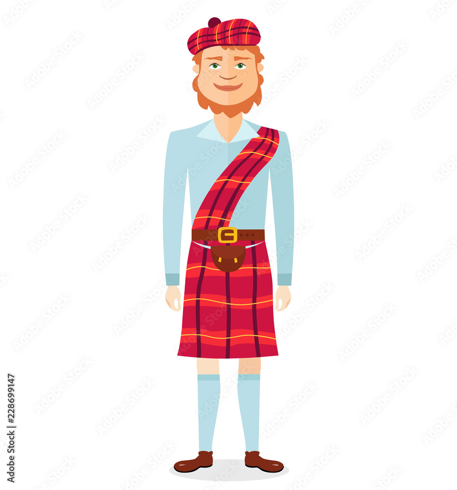 Scottish man in kilt in national clothes flat cartoon vector ...