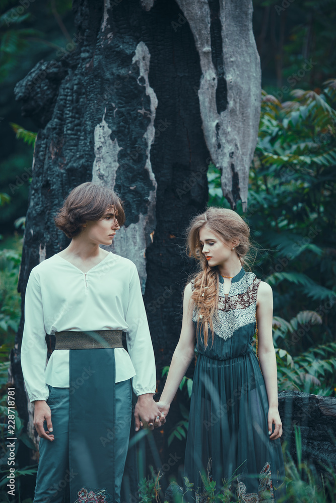 Sad young couple of elves in magical forest agaistdying burned-down ...