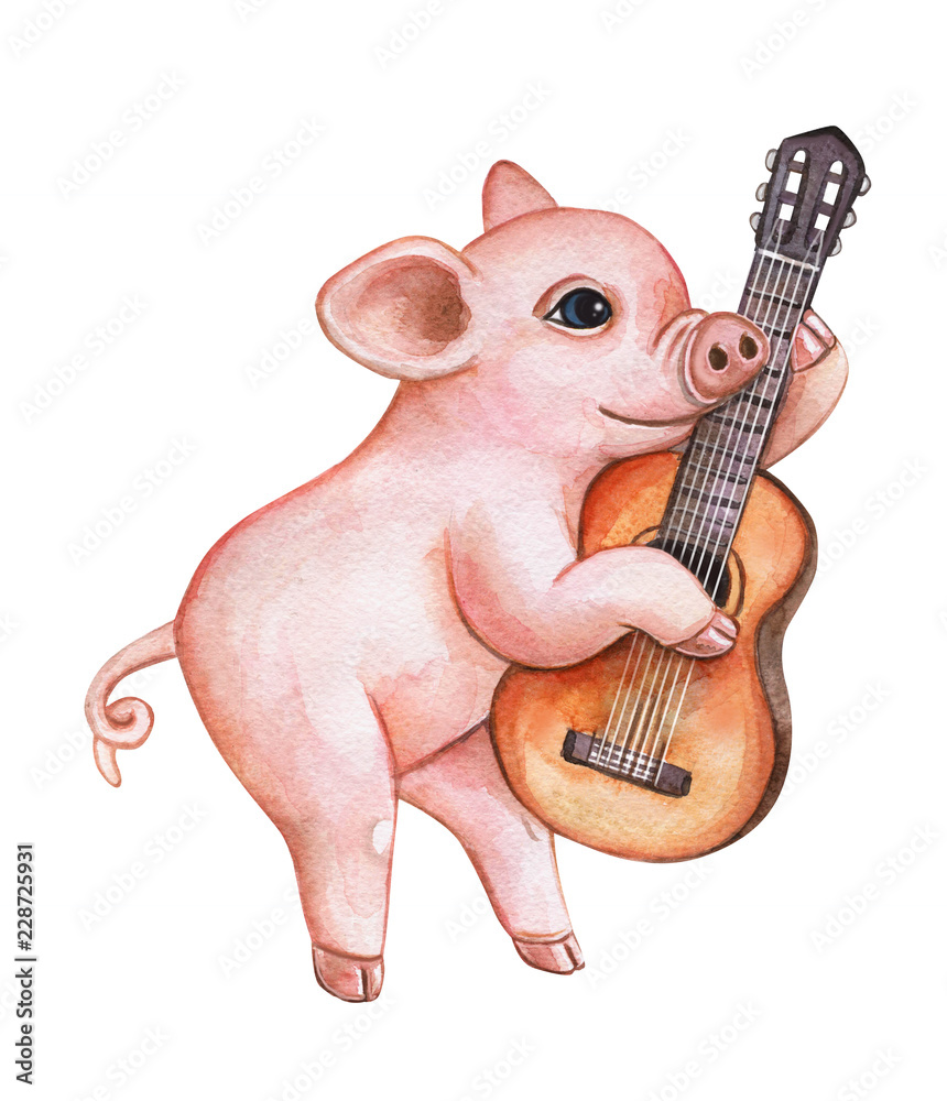 Funny Piggy, Pig playing a musical instrument, guitar isolated on white ...