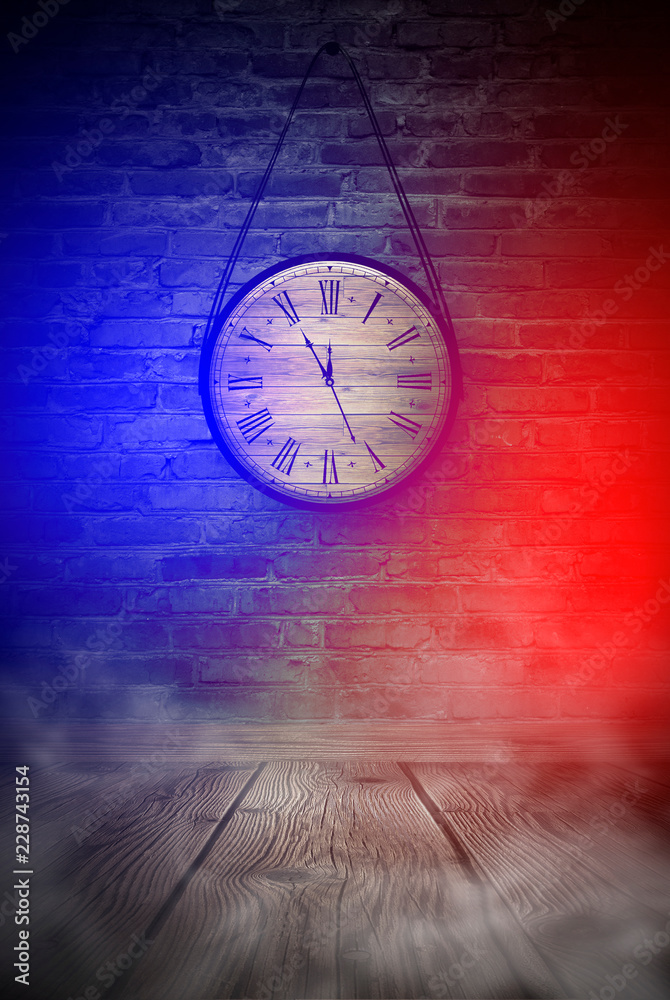Brick wall background, vintage clock, neon light, rays, glare, smoke ...