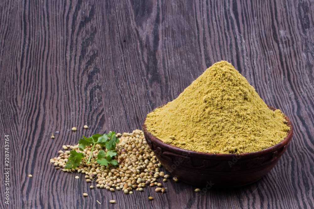 Coriander seeds, fresh coriander and powdered coriander Stock Photo ...