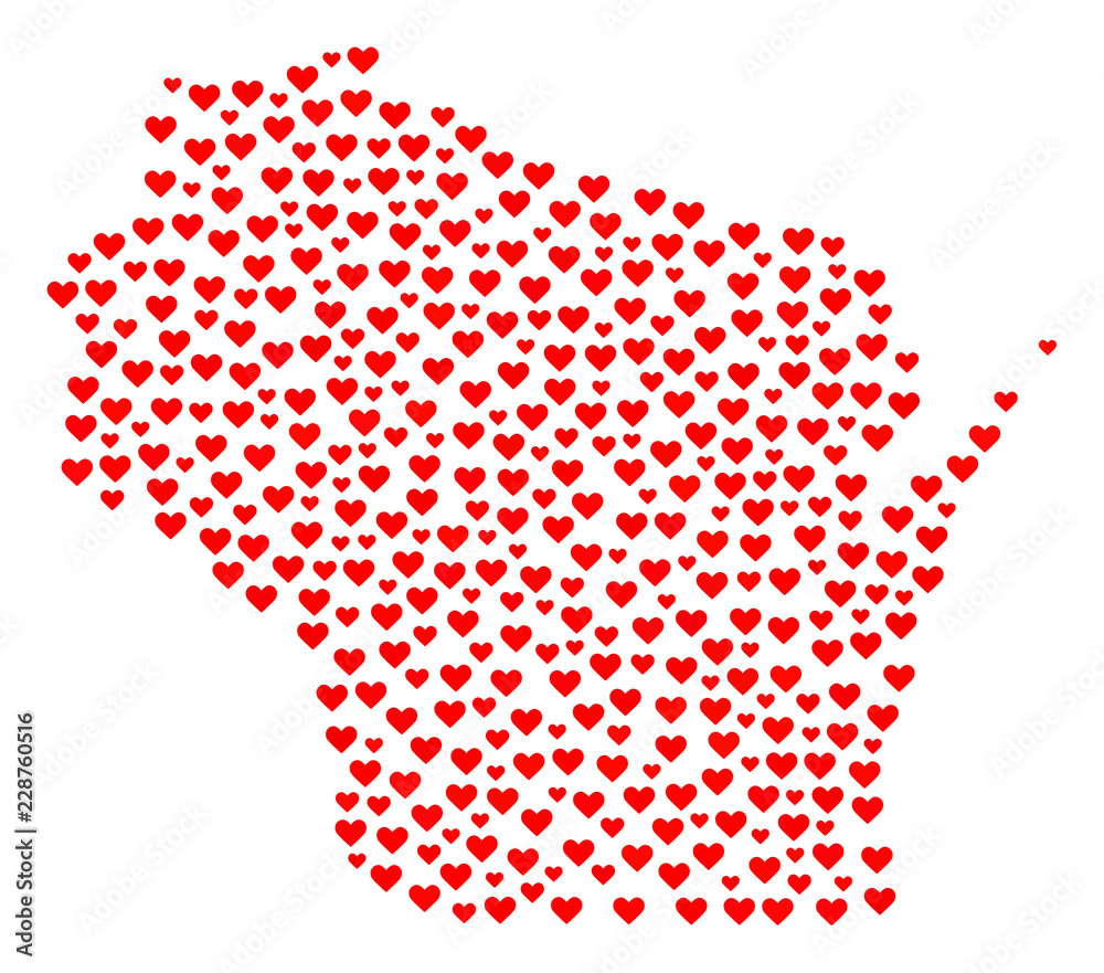 Mosaic map of Wisconsin State formed with red love hearts. Vector ...