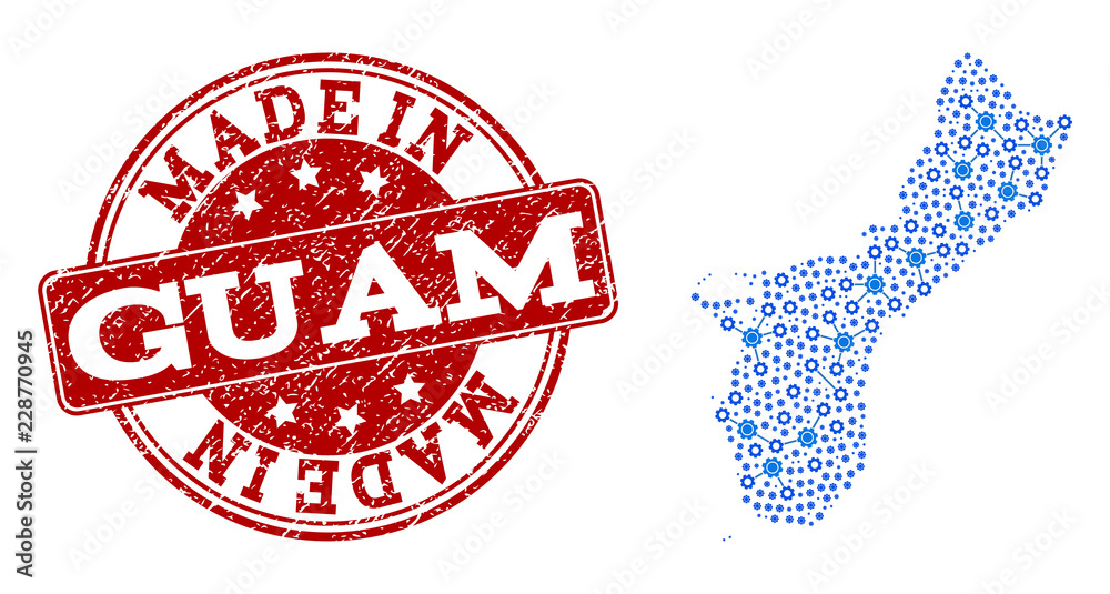 Map of Guam Island vector mosaic and Made In grunge stamp. Map of Guam ...