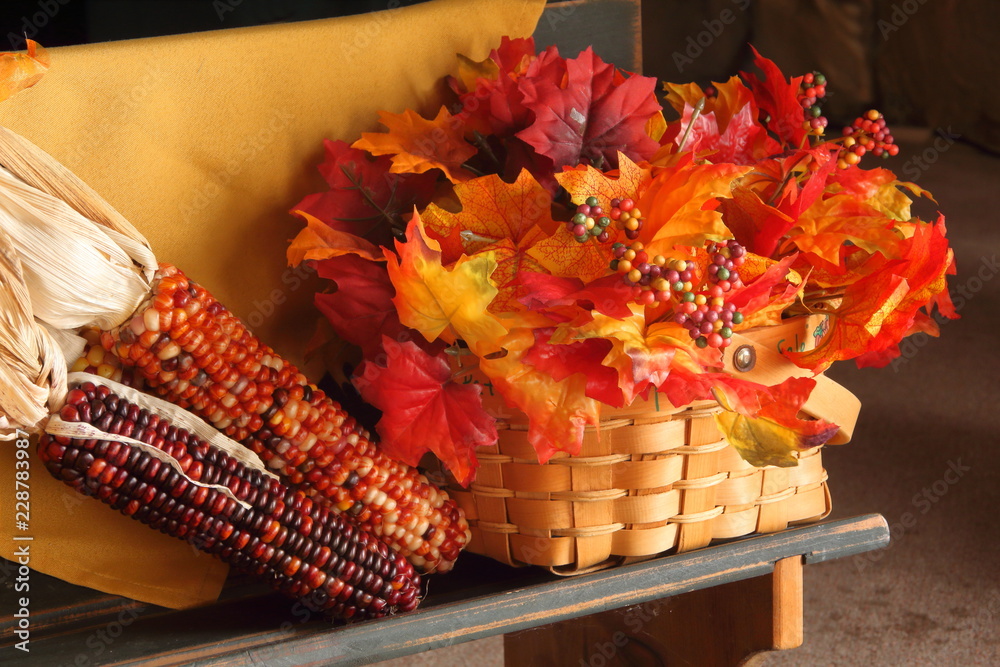 Fall Bench Display with leaves, pumpkins and corn, on the left side ...