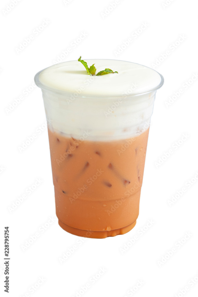 Thai milk tea on top cream cheese in glass plastic Isolated on White ...