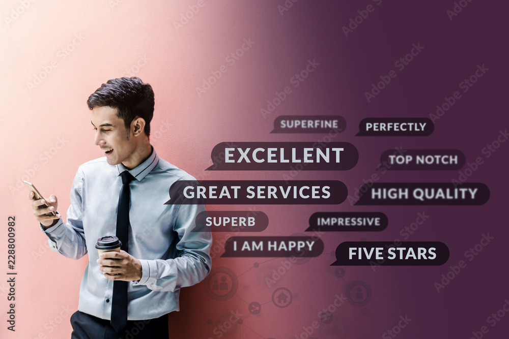Customer Experience Concept. Happy Businessman using Smart Phone to ...