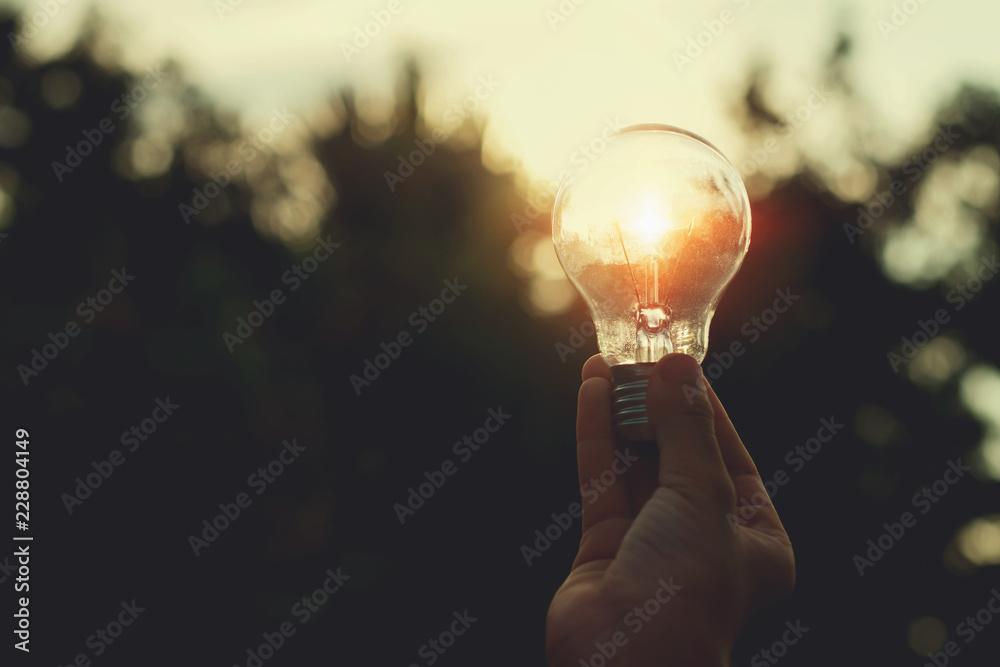 concept solar energy. hand holding lightbulb and sunset in nature Stock ...