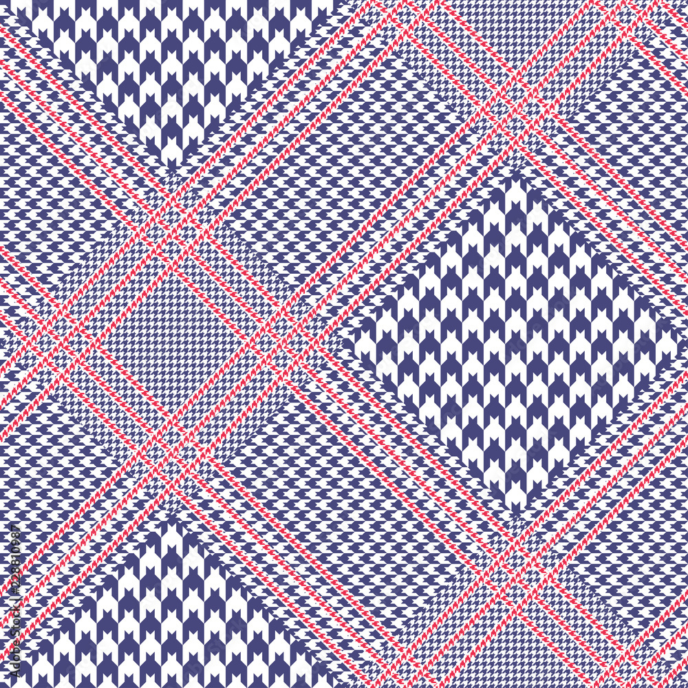 Prince of Wales check pattern in navy blue and white with red overcheck ...