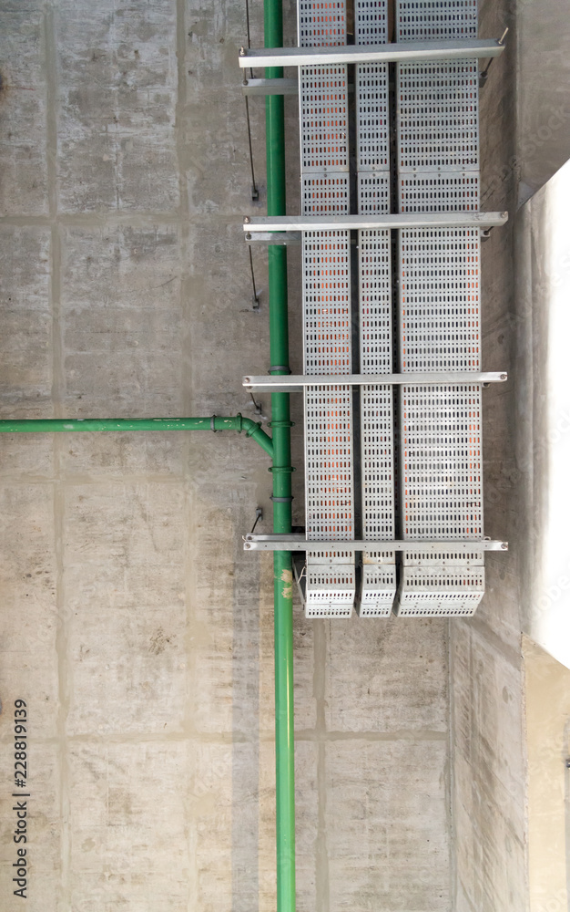 power line in running conduit tube on ceiling, galvanized steel conduit ...