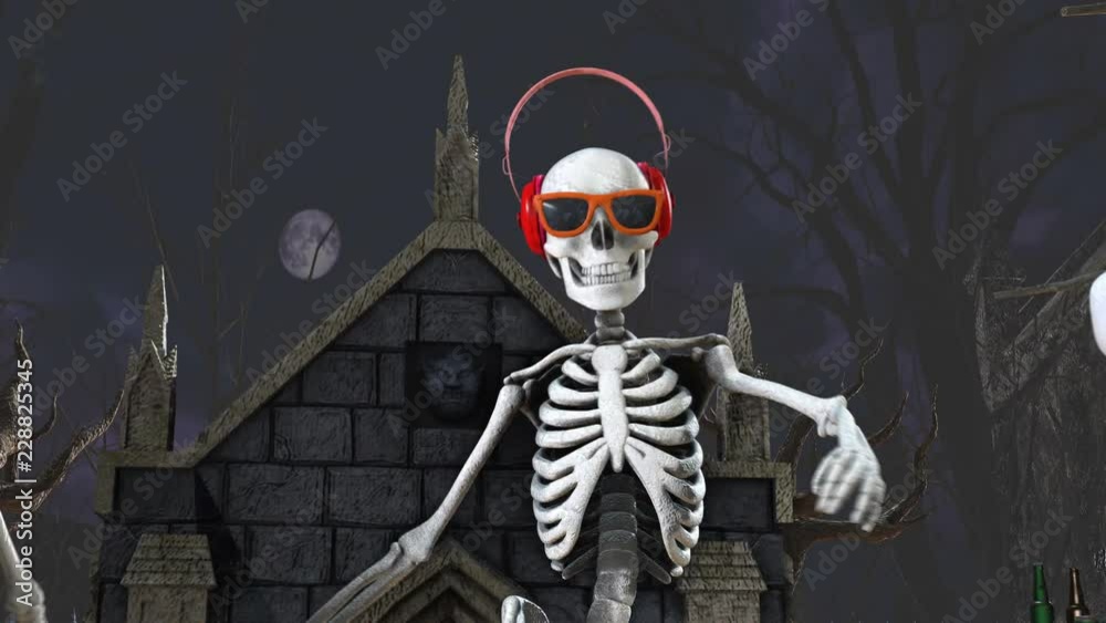 Seamless animation of a DJ skeleton and skeletons dancers in a cemetery ...