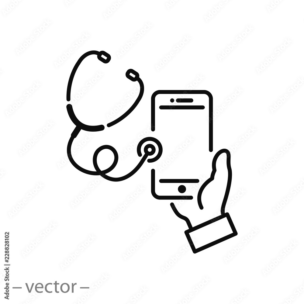 telemedicine icon, stethoscope and smartphone with medical linear sign ...