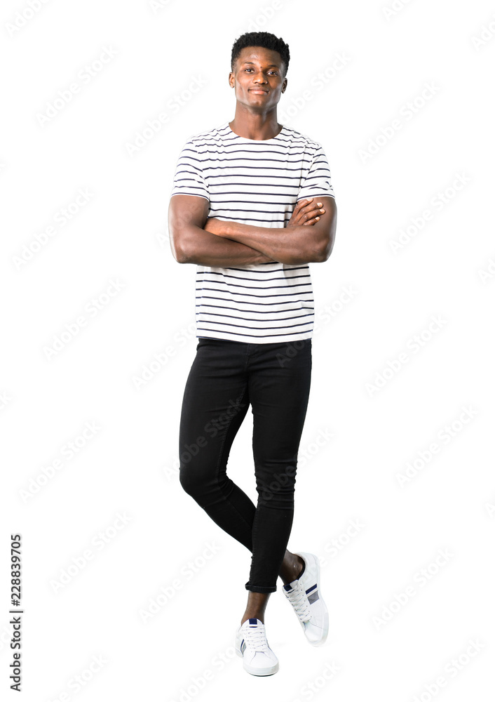 Full body of Dark skinned man with striped shirt keeping the arms ...
