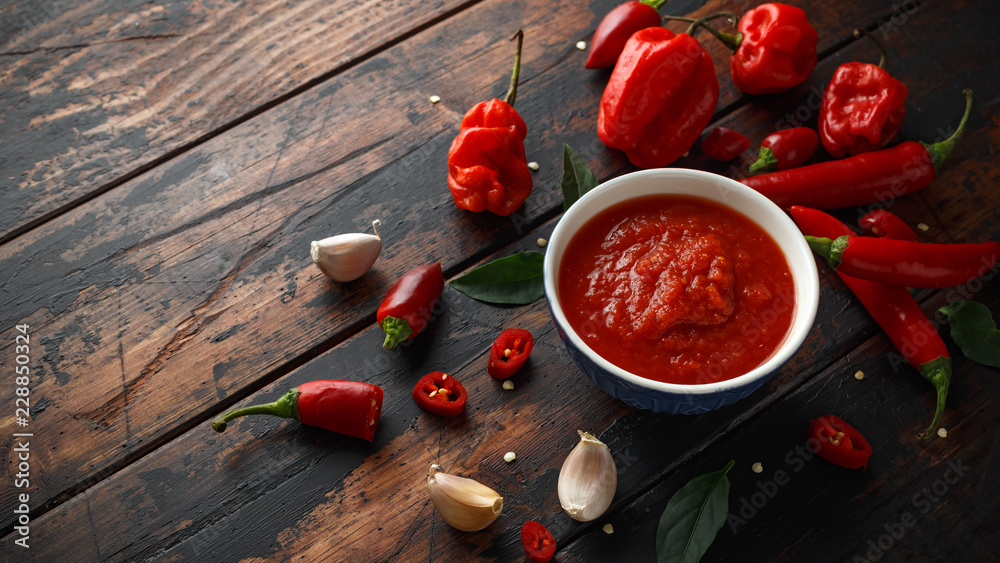 spicy hot sweet chili sauce with mix of chilli pepper, garlic and ...