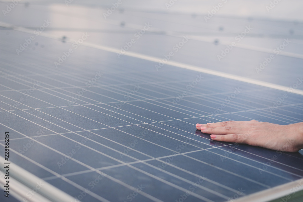 woman engineer checking heat of solar panel and using ir camera to scan ...