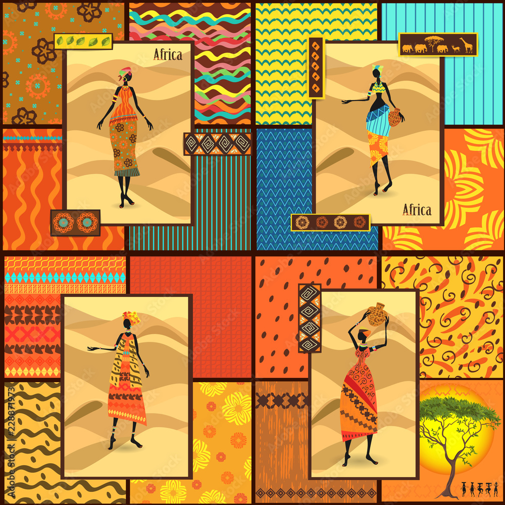 collection cards with African girl dressed in a decorative and set ...