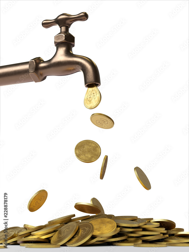 Dripping tap with golden coins,3d rendering,conceptual image. Stock ...