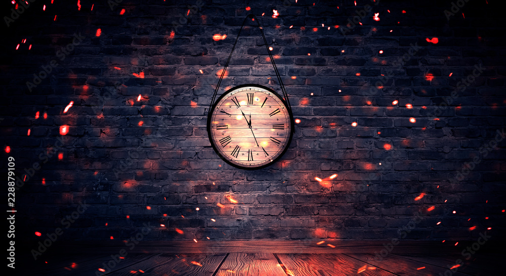 Brick wall background, antique clock, neon light, bright sparks of ...