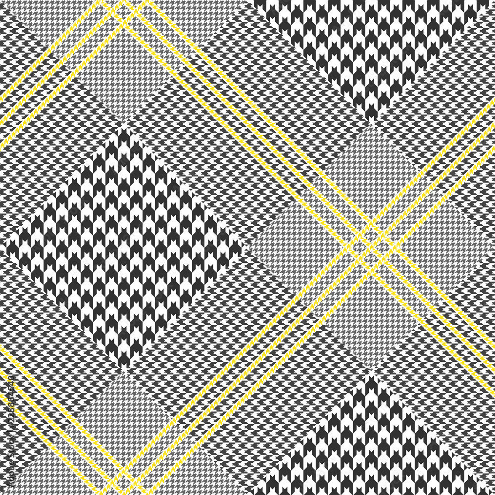 Seamless Prince of Wales check pattern in black and white with yellow ...