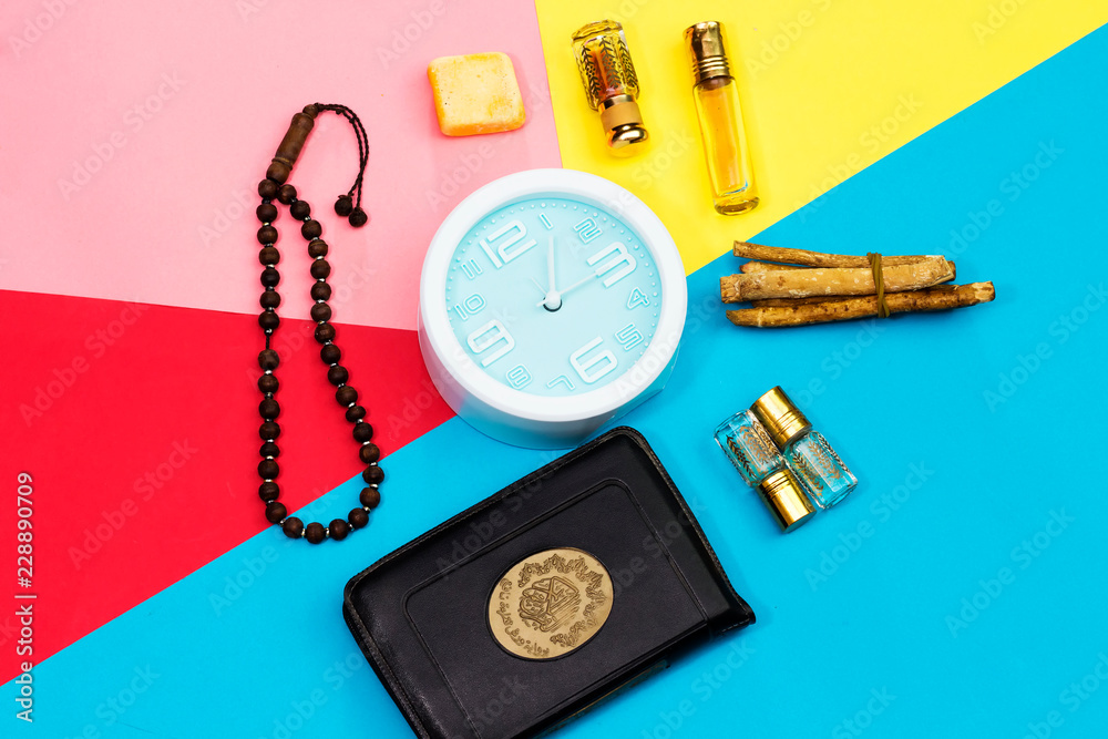 jummah mubarak time, holy book of muslims and rosary, siwak, perfume on ...
