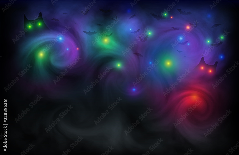 Dark magic light in fog vector Halloween background with bats and owls ...