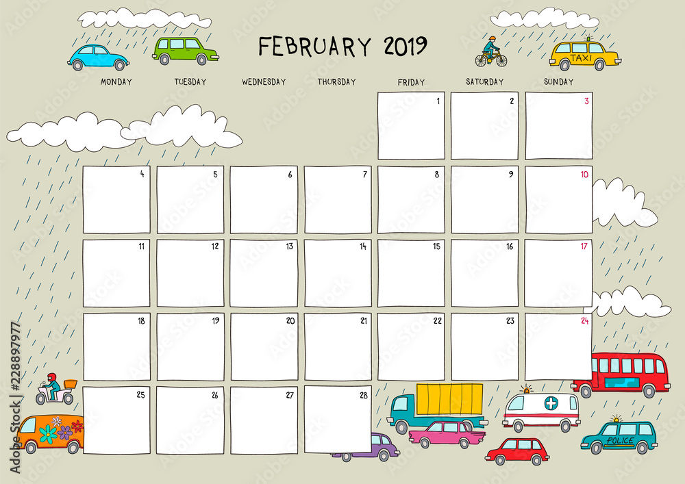 Cute calendar and planner for February 2019. Beige background with ...