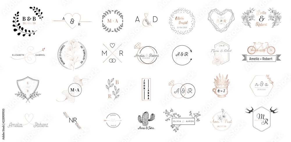 Big set of Wedding monogram logos collection, hand drawn modern ...