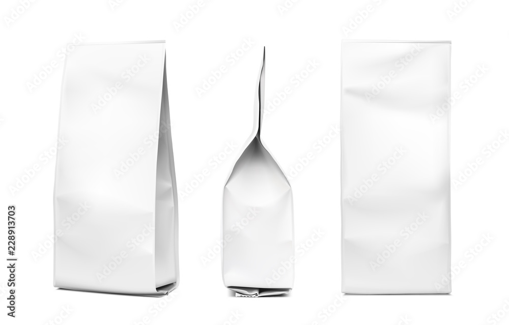 Realistic vertical bag. Packaging from different angles. Front, side ...