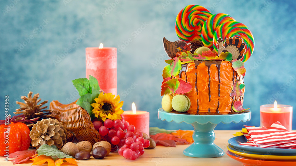 On trend Thanksgiving candyland novelty drip cake with colorful Fall ...