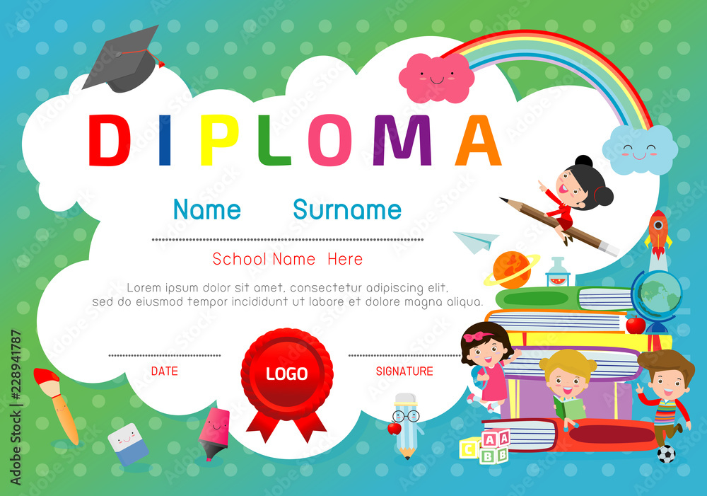 Certificates kindergarten and elementary, Preschool Kids Diploma ...