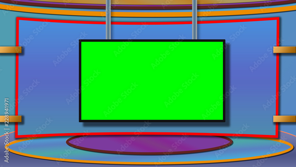 Blue and red theme TV news studio background with greenscreen Stock ...