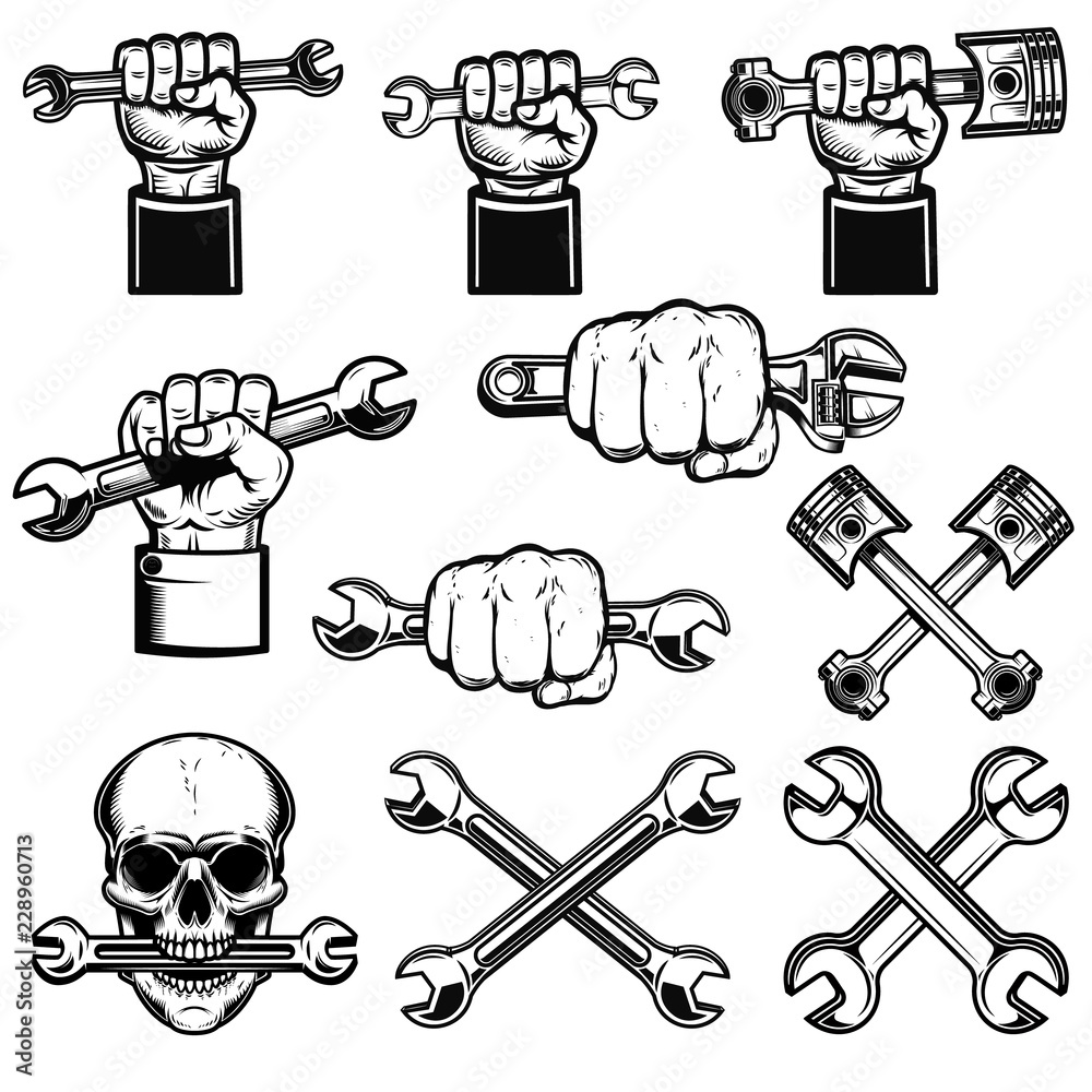 Set of hand with working tools, wrenches. Mechanic on duty. Design ...