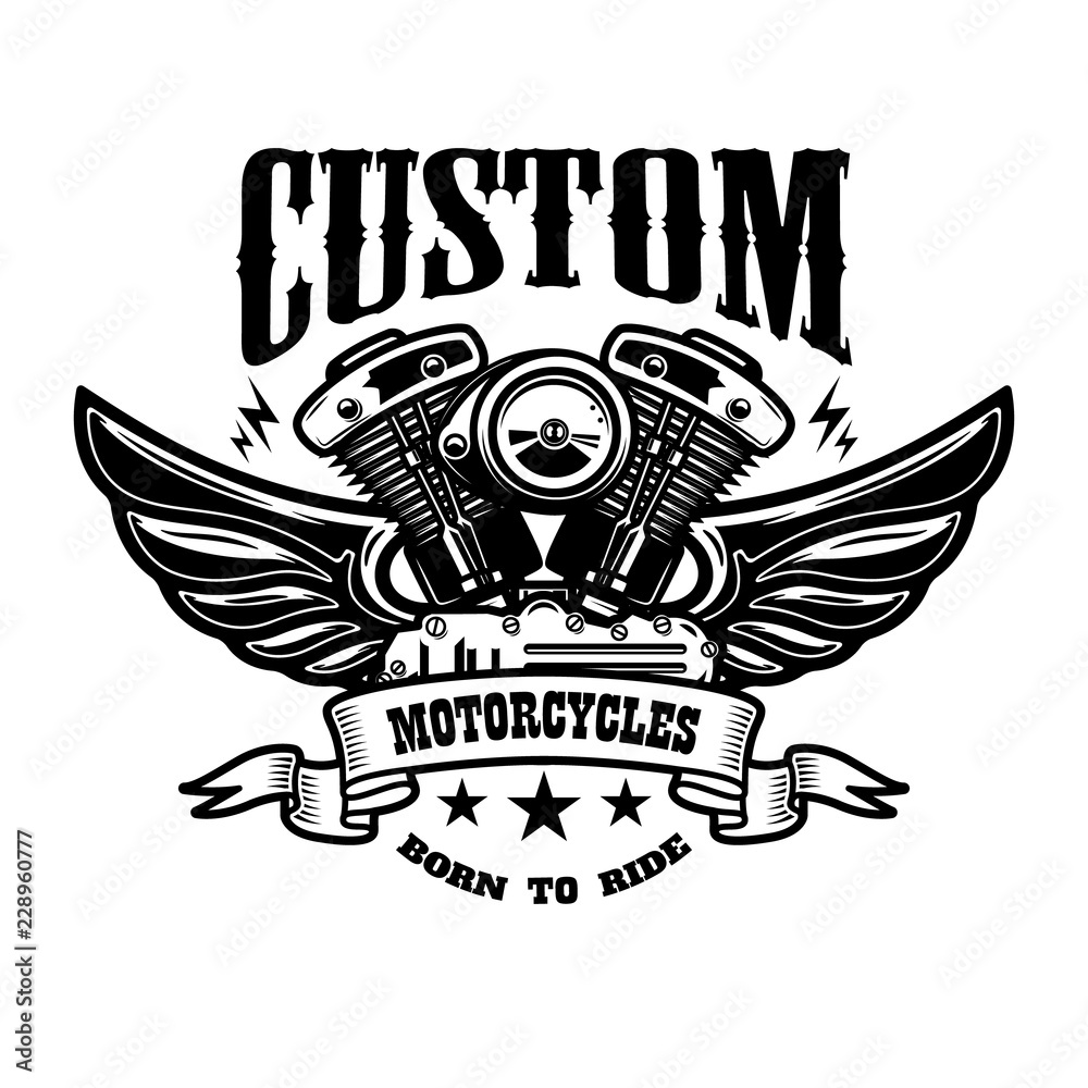 Emblem template with winged motorcycle motor. Design element for poster ...