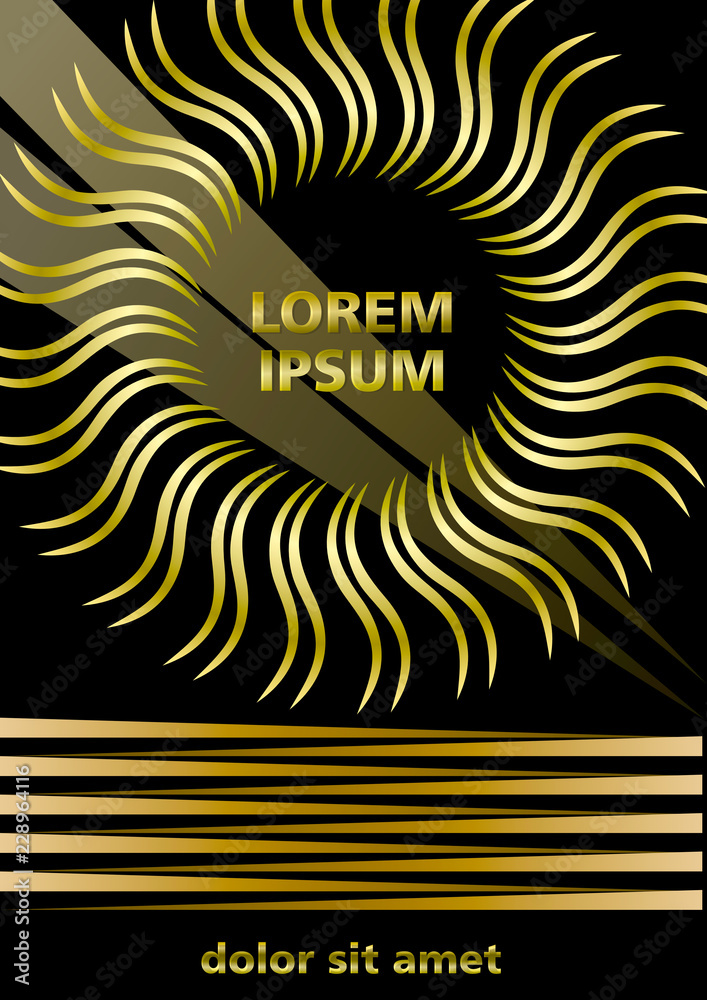 Luxurious cover design in gold and black. Sun shape and horizontal ...