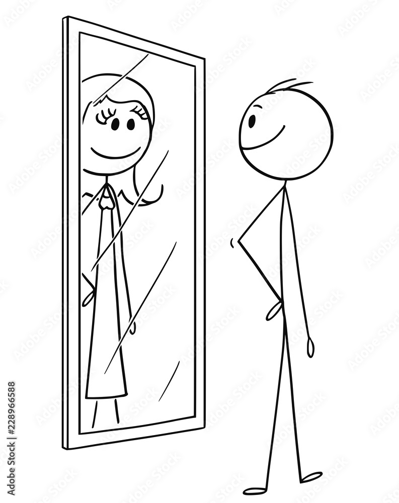 Cartoon stick drawing conceptual illustration of man looking at himself ... Cartoon stick drawing conceptual illustration of man looking at himself ...