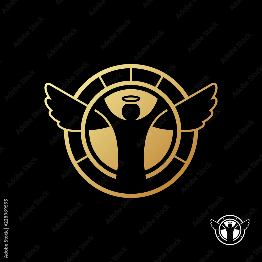 Gold outline silhouette of the angel in the circle logo template ...
